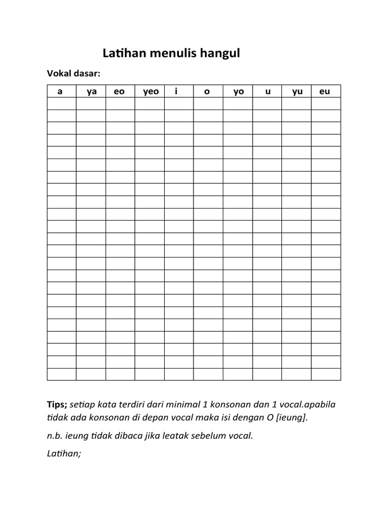 Vokal Dasar (Latihan Menulis Hangul 1) | PDF
