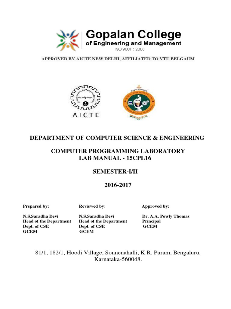 Department Of Computer Science And Engineering Computer Programming Laboratory Lab Manual