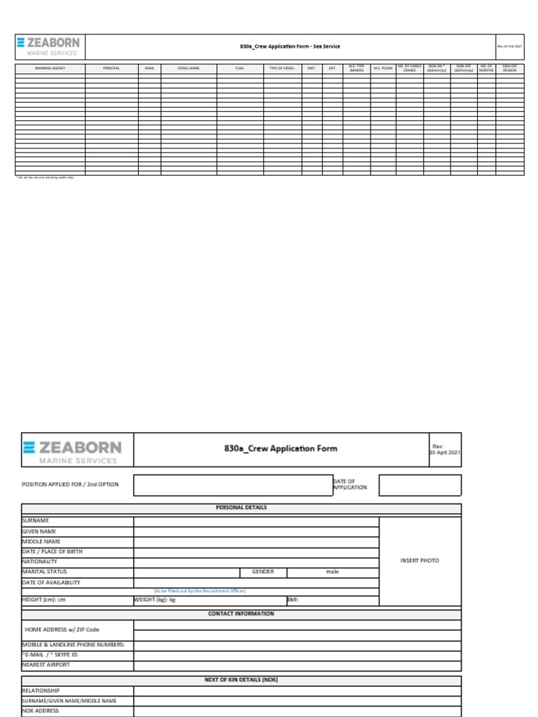 830a - Crew Application Form - Sea Service | PDF | Oil Tanker