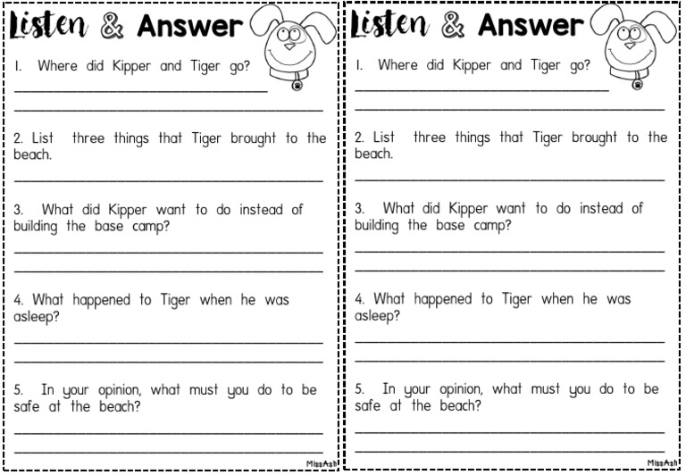 Kipper The Dog - The Seaside Listening Task Sheet | PDF