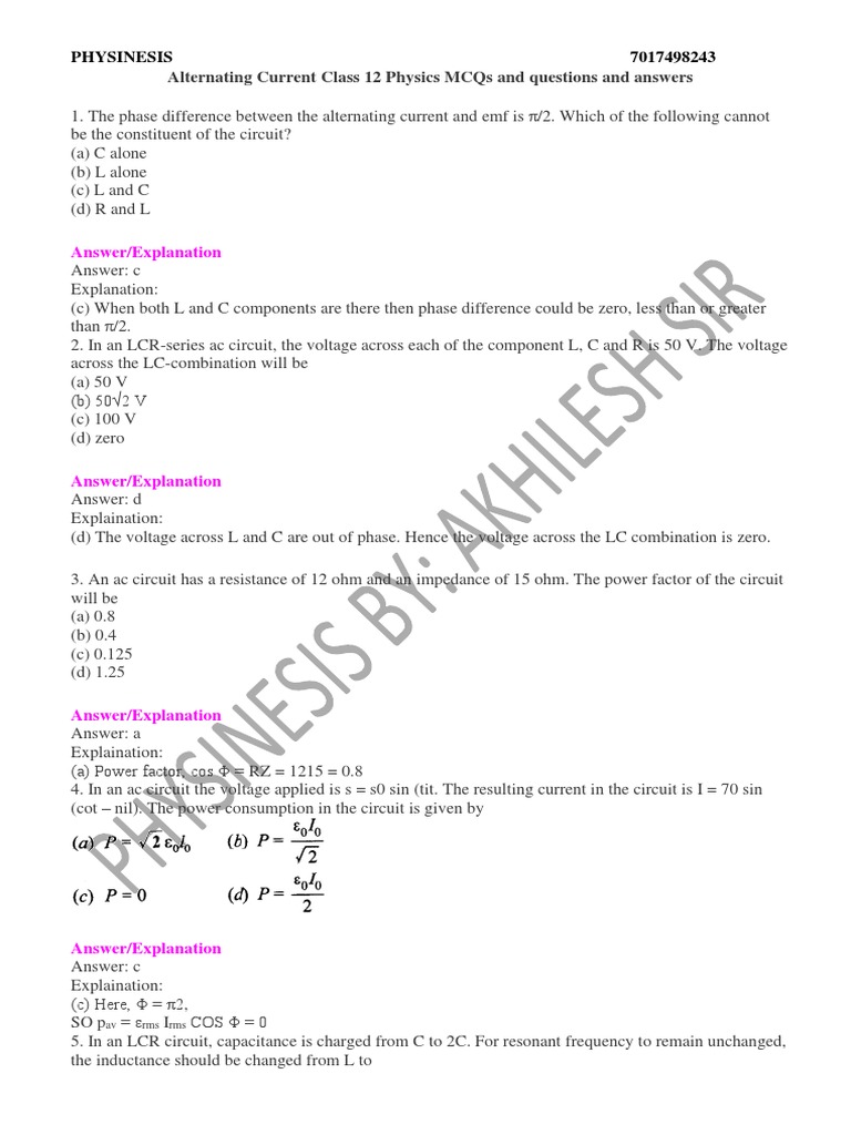 Alternating Current Class 12 Physics MCQs N QN | PDF | Inductor ...