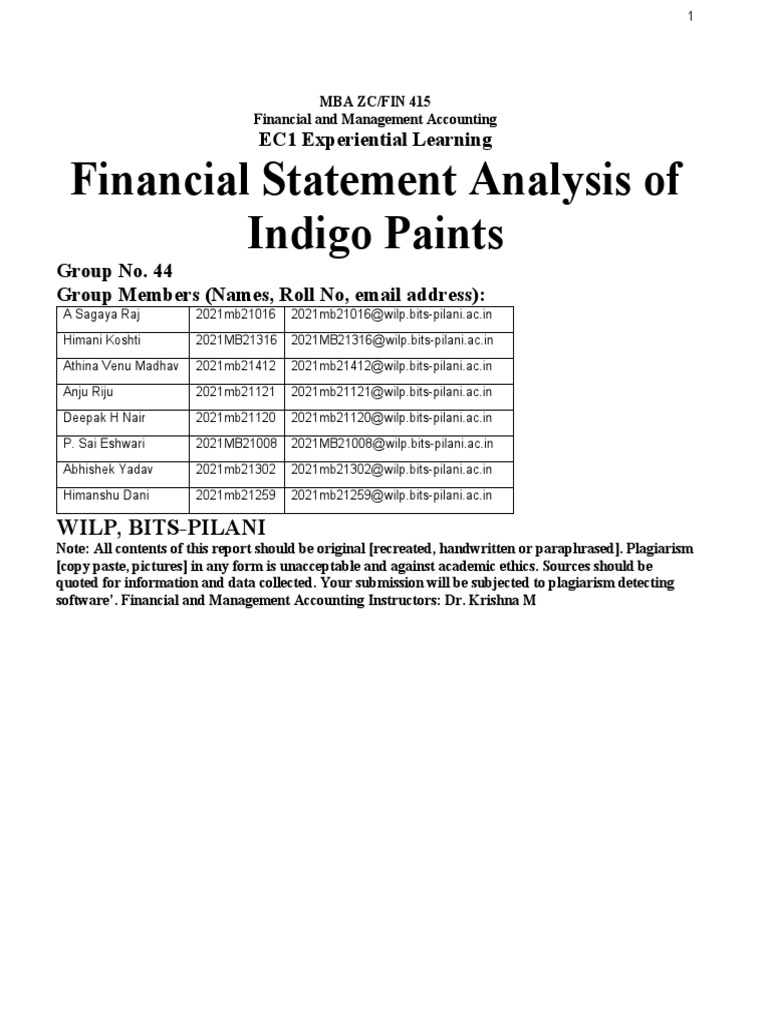 Financial Statement Analysis of Indigo Paints: EC1 Experiential ...