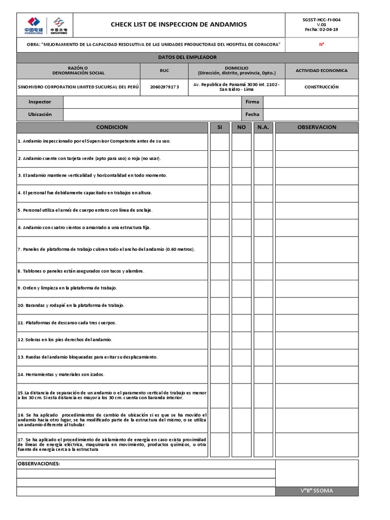 Checklist de Inspección de Andamios | PDF | Andamio