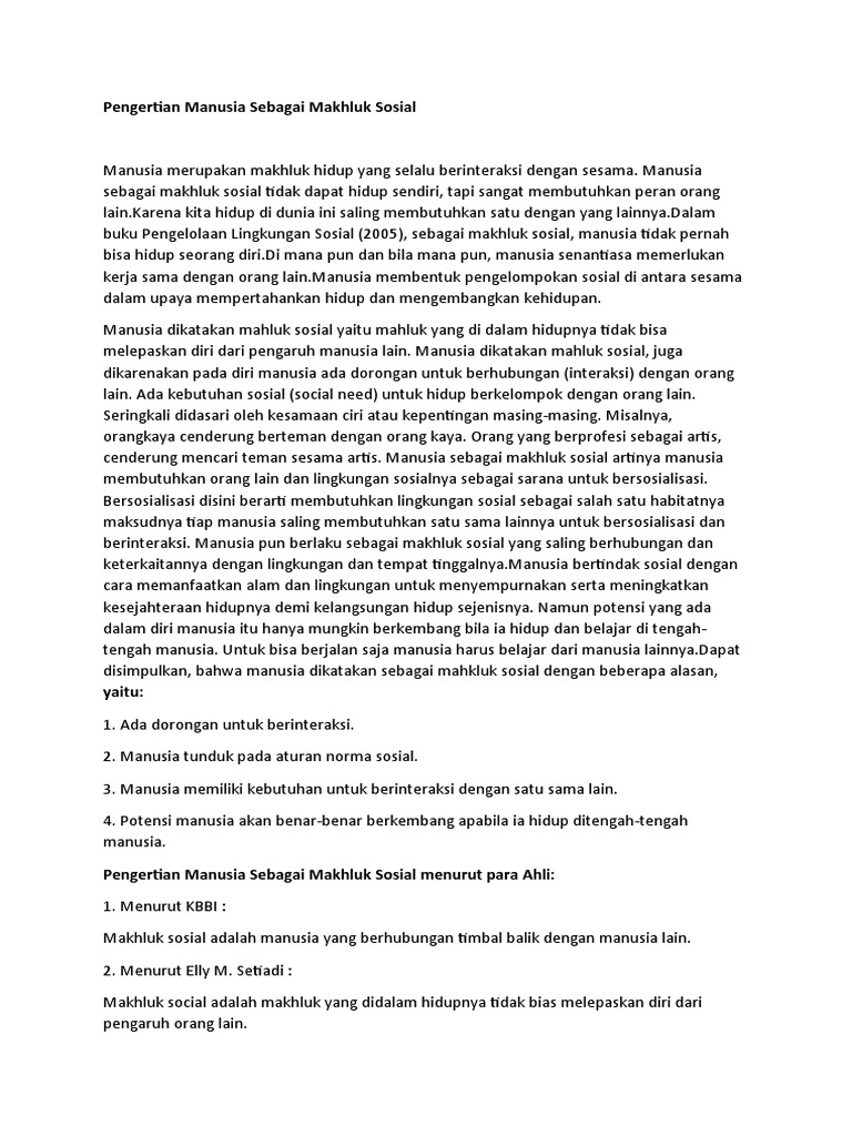 Pengertian Manusia Sebagai Makhluk Sosial | PDF