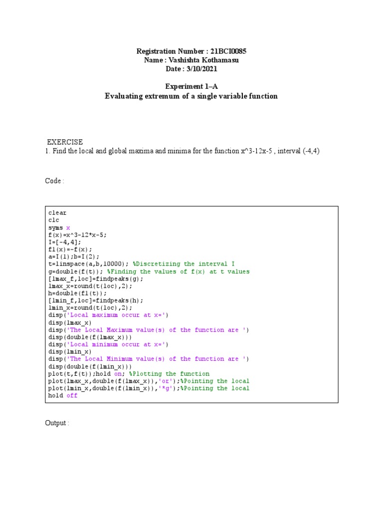 Experiment 1A BMAT101P Calculus | PDF | Maxima And Minima | Systems Engineering