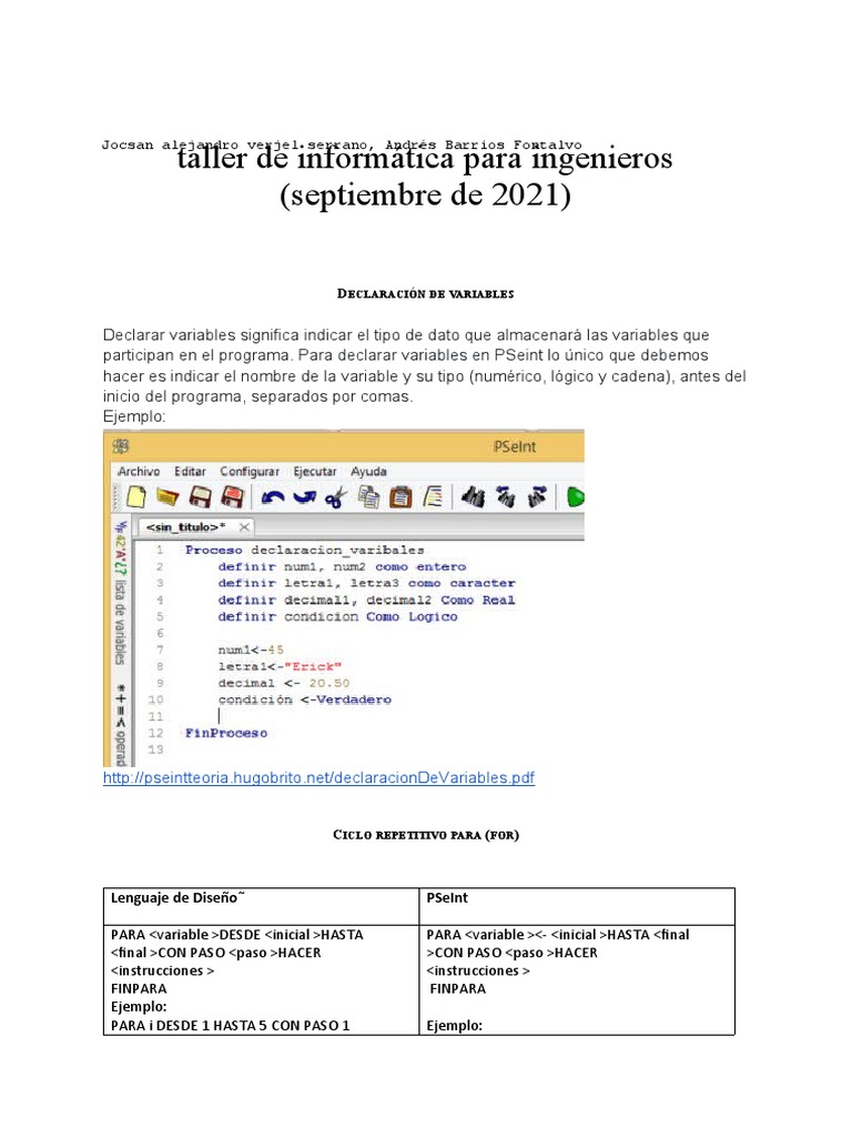 Declaración de Variables en PSeint | PDF | Lenguaje de programación ...