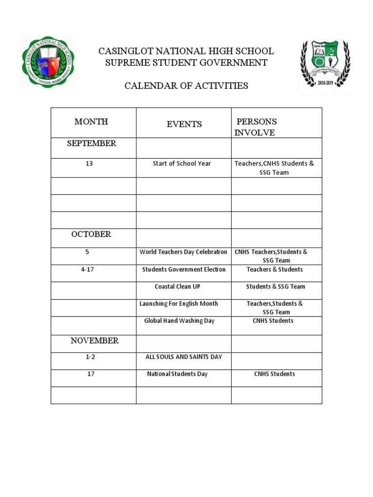 CNHS SSG Calendar of Activities | PDF