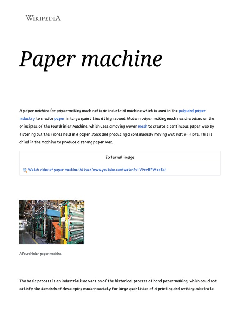 Paper Machine - Wikipedia | PDF | Paper | Pulp (Paper)
