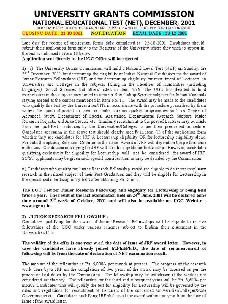 University Grants Commission: National Educational Test (Net), December ...