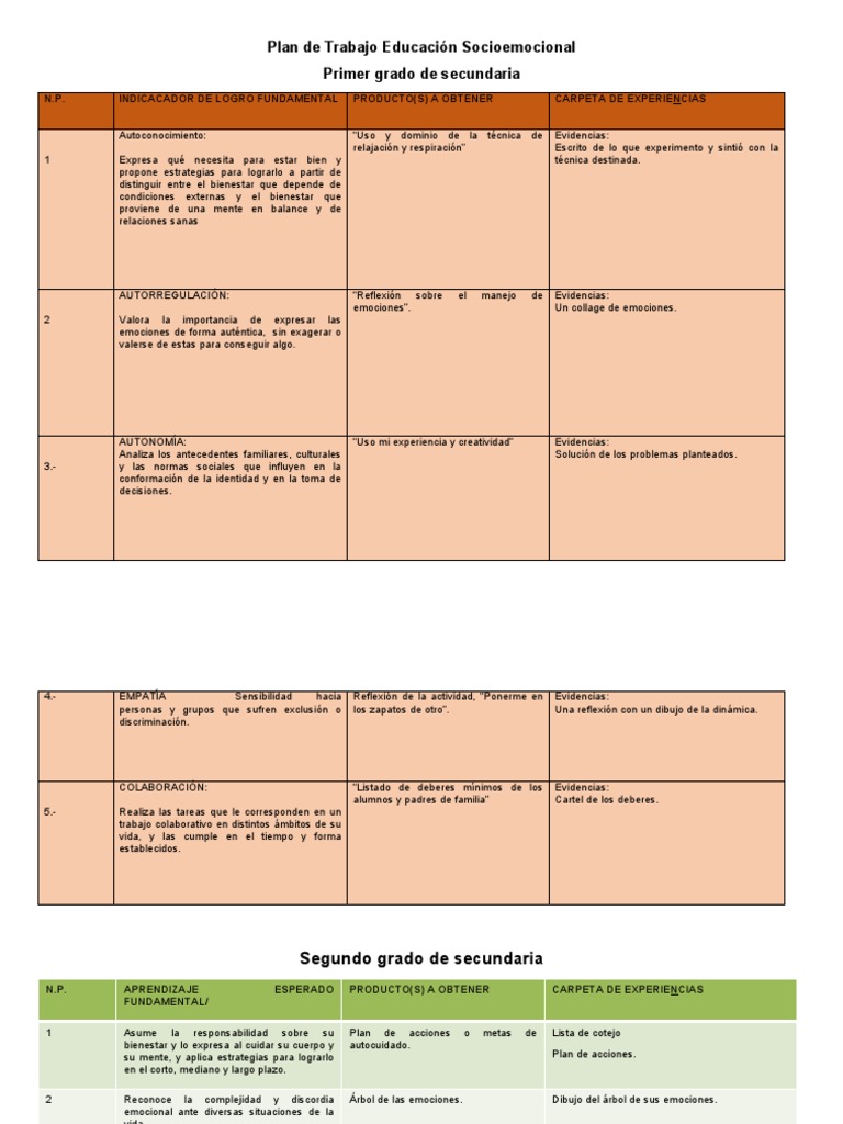 Plan de Trabajo Socioemocional Secundaria | PDF | Las emociones | Bienestar