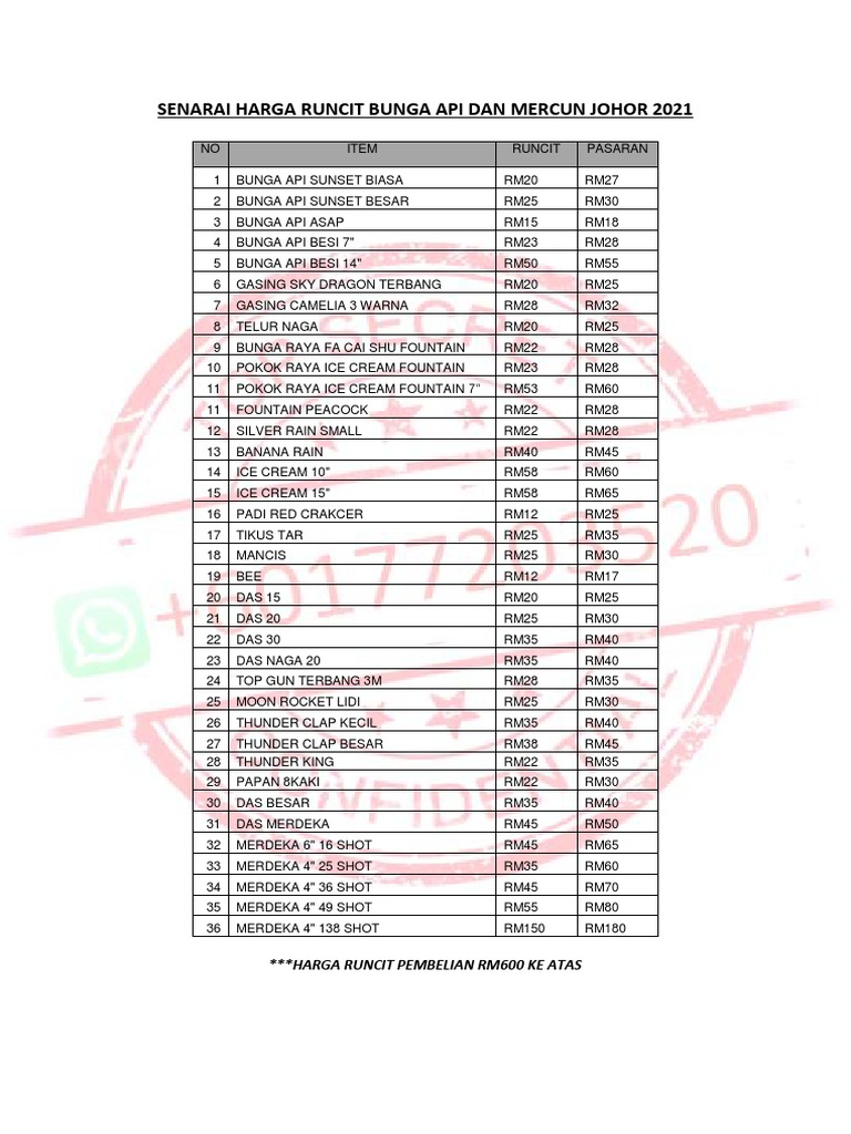 Senarai Harga Runcit Bunga Api Dan Mercun Johor 2021 | PDF