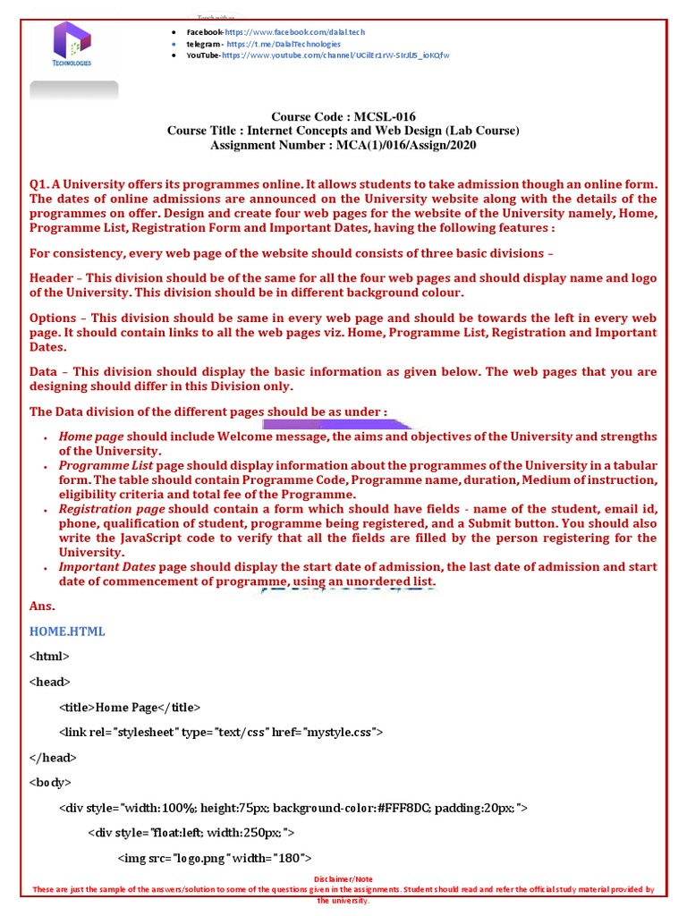 Course Code: MCSL-016 Course Title: Internet Concepts and Web Design (Lab Course) Assignment ...