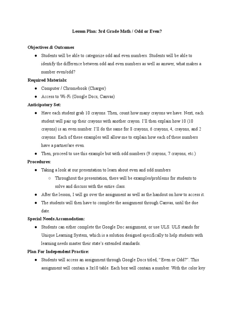 Lesson Plan Odd or Even | PDF