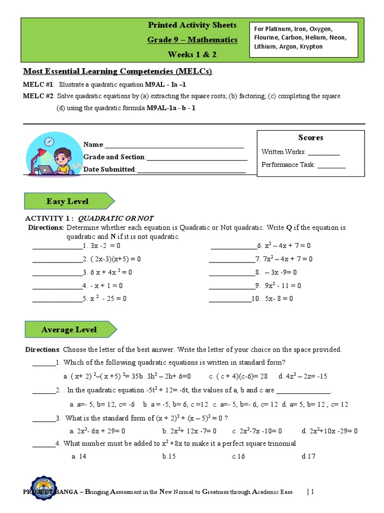 Math g9 q1 Wk1 2 Activity Sheets Regular | PDF | Quadratic Equation ...