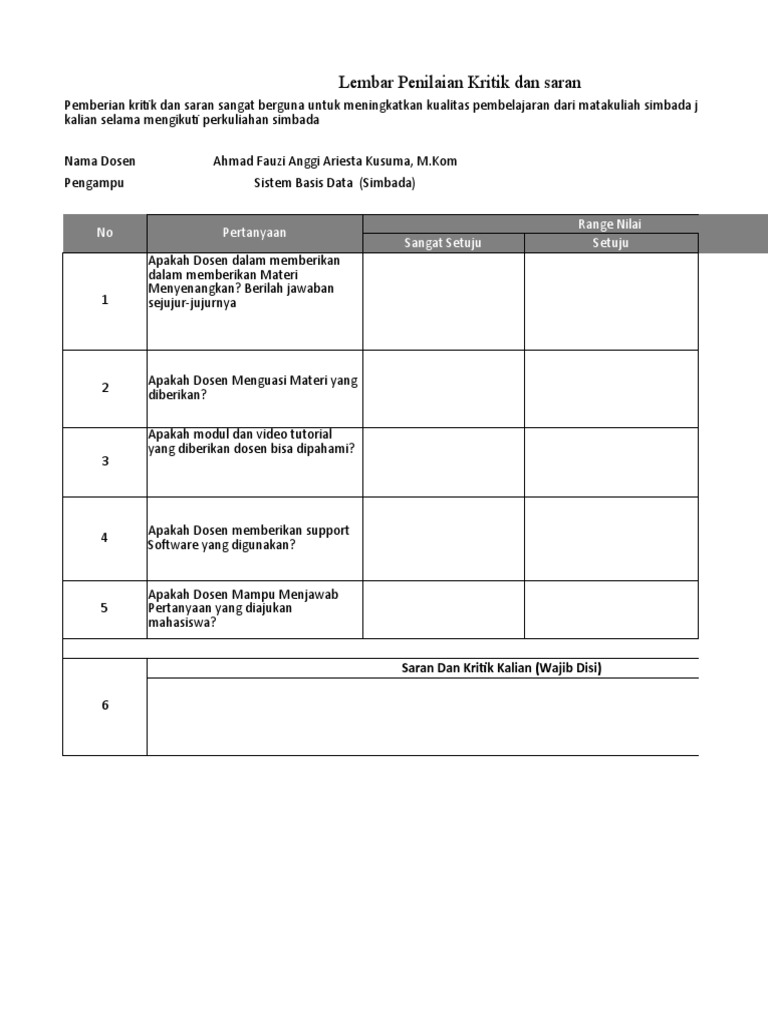 Lembar Kritik Dan Saran | PDF