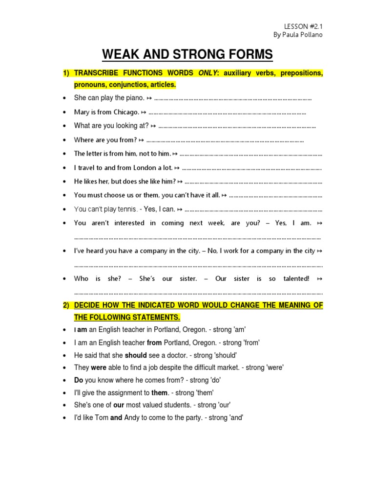 Weak and Strong Forms - Phonetics Practice | PDF Weak and Strong Forms - Phonetics Practice | PDF