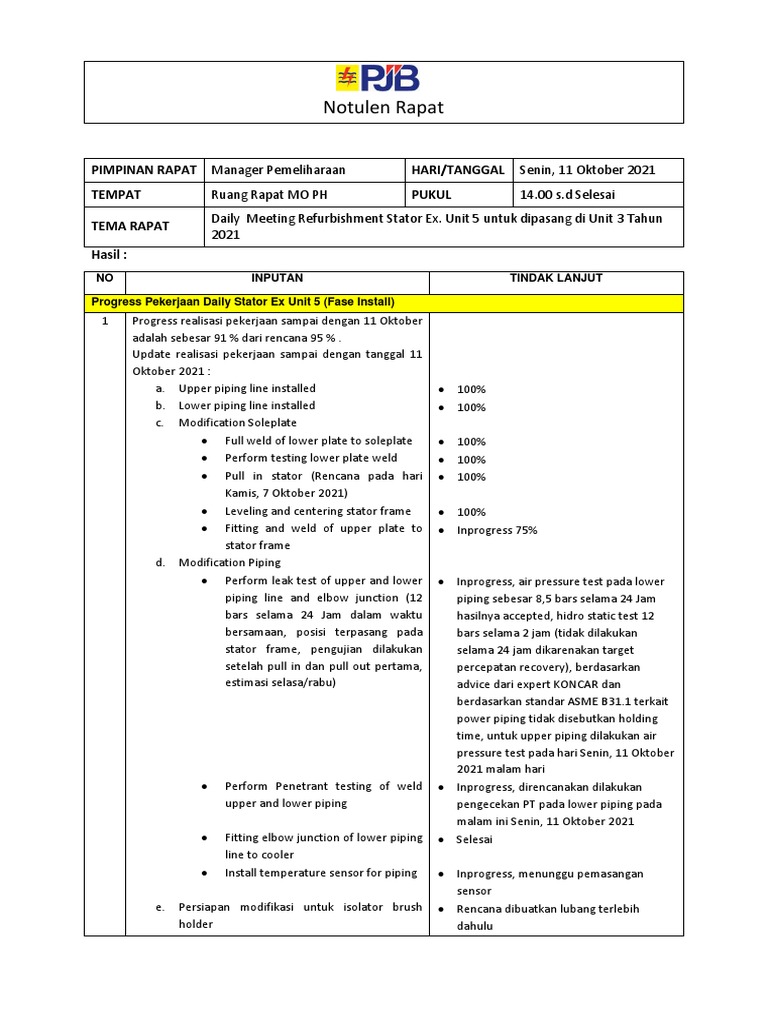 MoM - Daily - Replacement Stator Unit 3 11 Okt | PDF | Teknologi & Rekayasa
