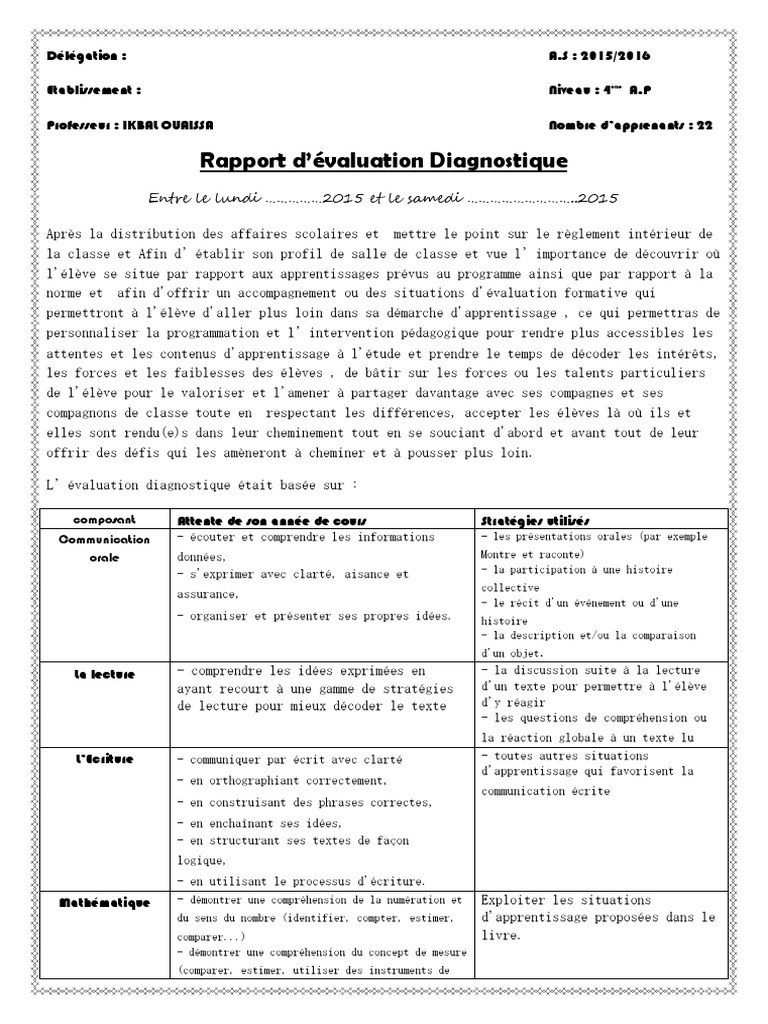 Rapport D'évaluation Diagnostique Professeur IKBAL OUAISSA | PDF | Lecture (Processus) | Cognition