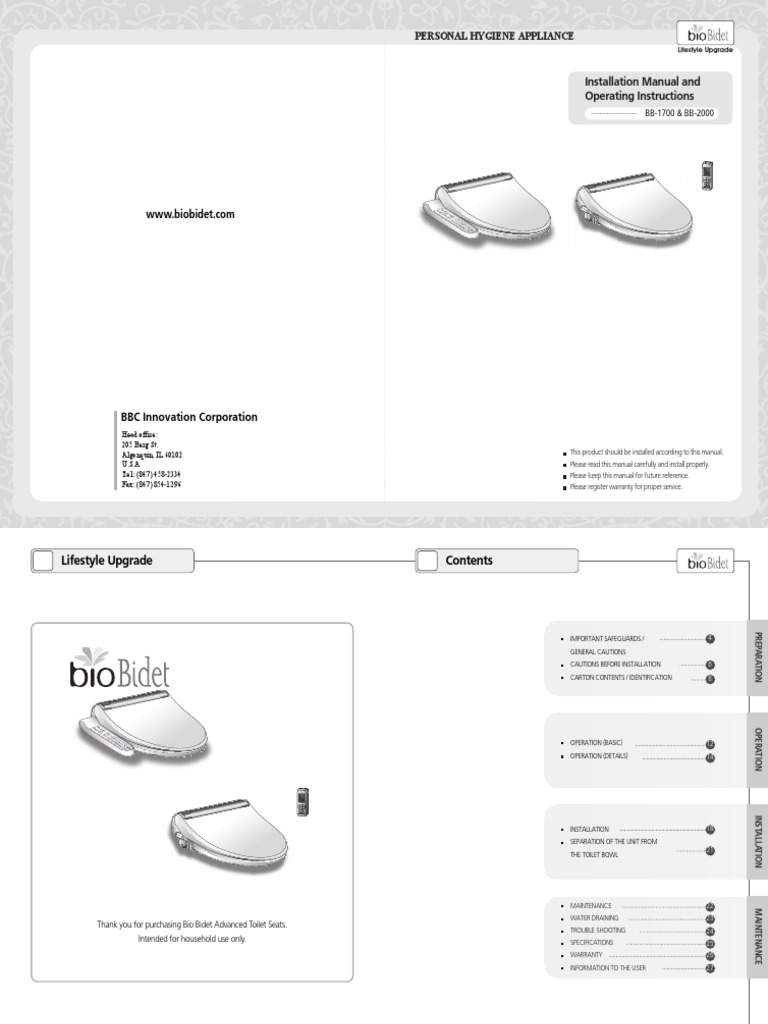 Installation Manual And Operating Instructions Personal Hygiene