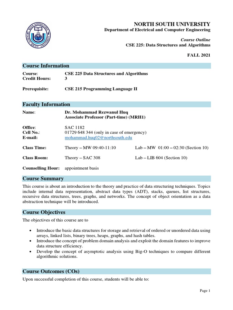 CSE225 Course Outline Fall2021 | PDF | Software Engineering | Computer Data