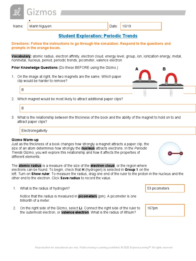 Student Exploration: Periodic Trends | PDF | Periodic Table | Ion