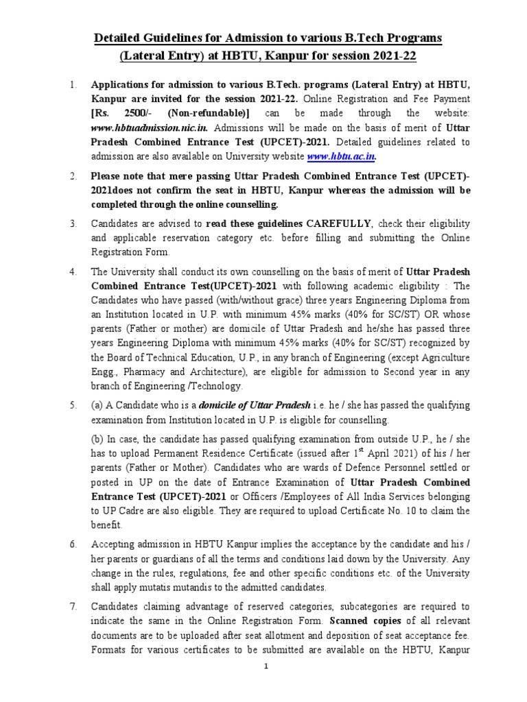 Revised Guidelines For B.Tech - .Lateral Entry Program 2021 22 | PDF | University And College ...