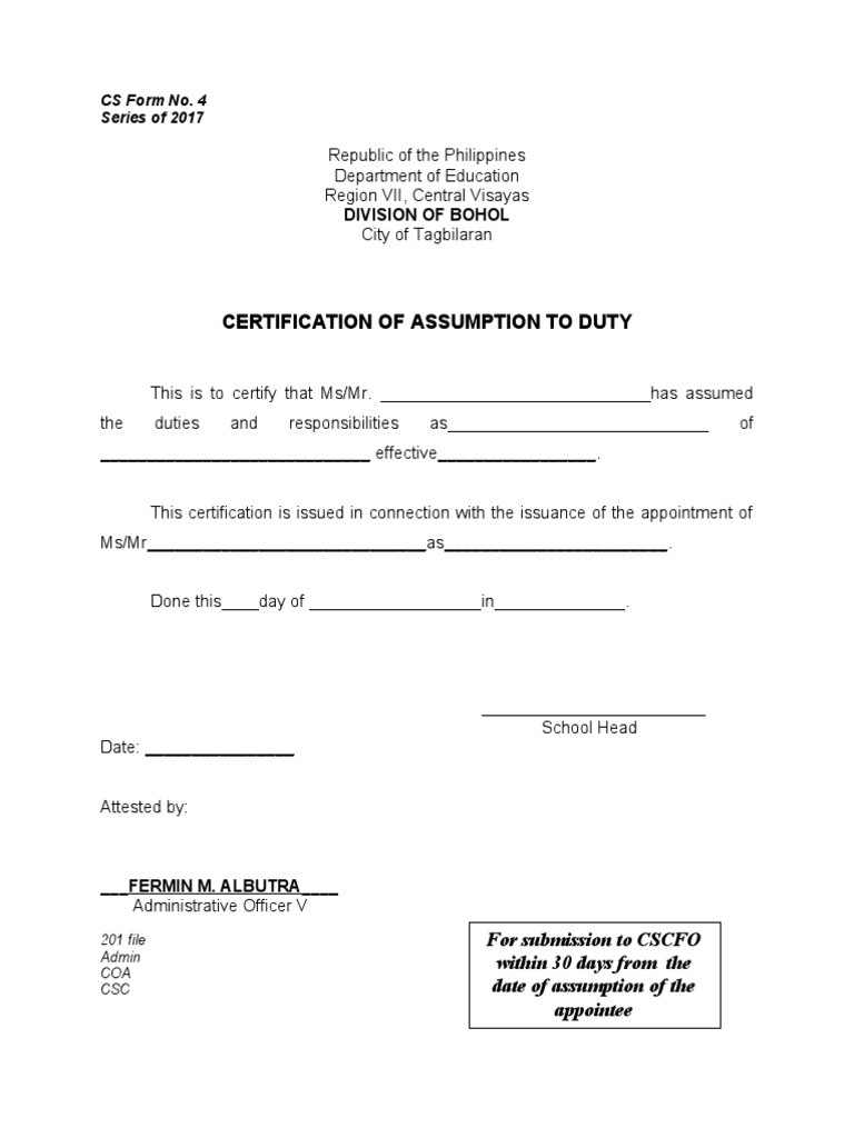 CS Form No. 4 Certification of Assumption To Duty | PDF