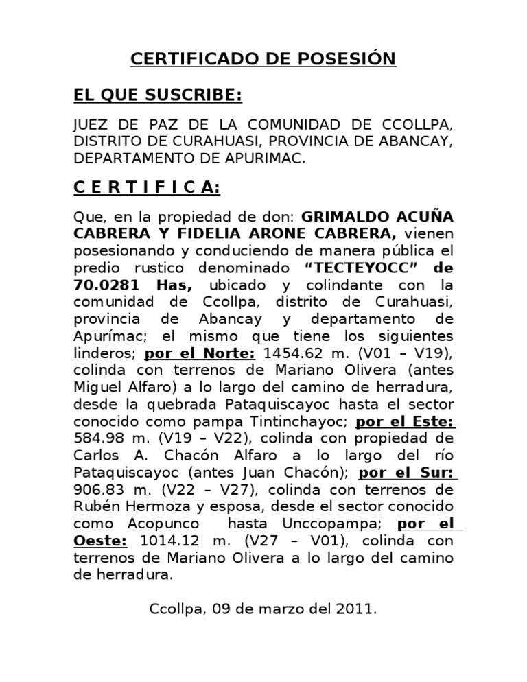 CERTIFICADO DE POSESIÓN