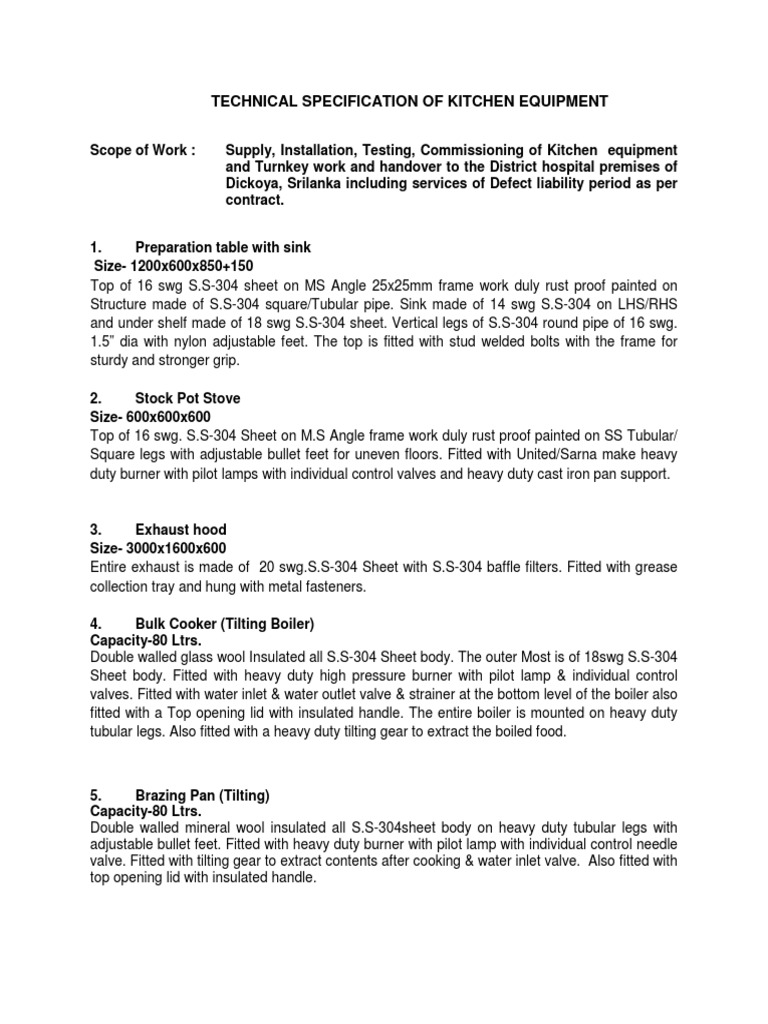 Kitchen Equipment Specifications for Sri Lanka | PDF | Pipe (Fluid ...