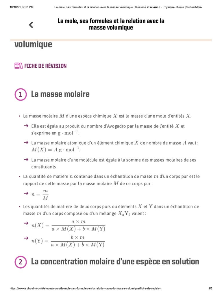 La mole et la masse volumique expliquées | PDF | Concentration molaire ...
