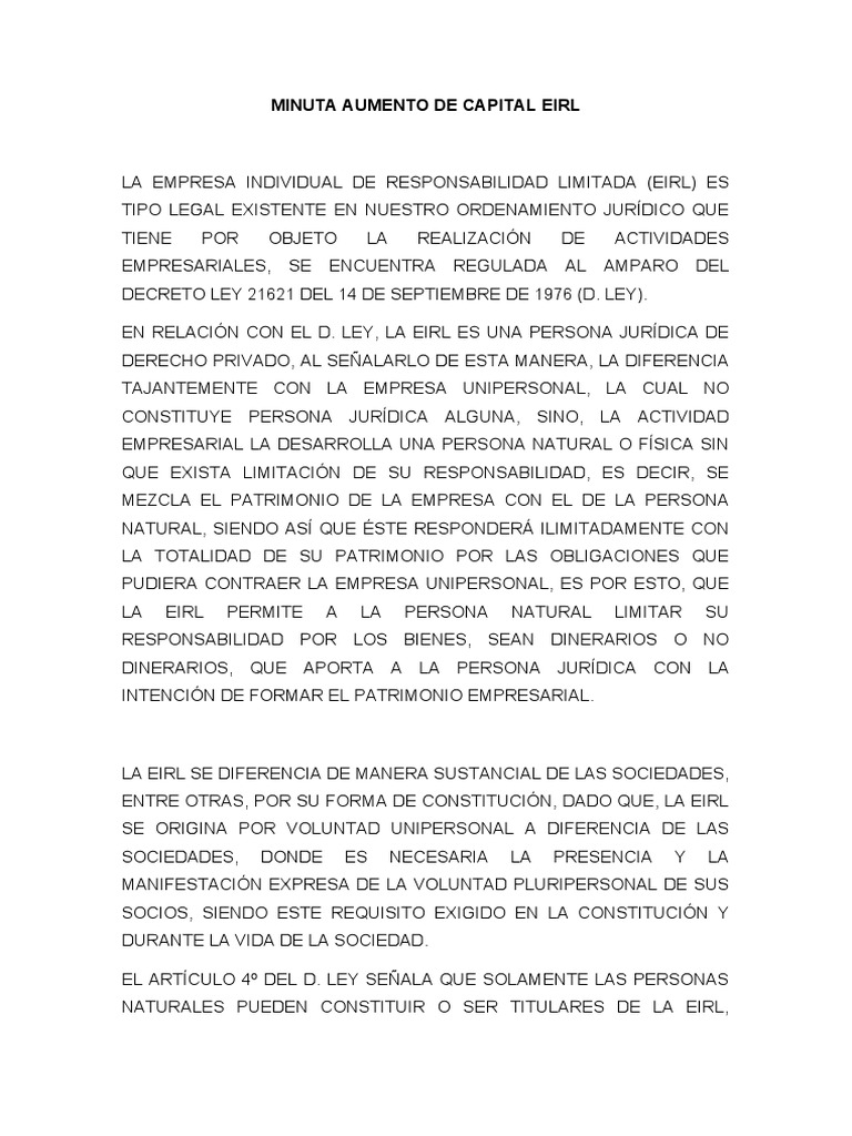 Minuta Aumento de Capital Eirl | PDF | Bienes (Ley) | Justicia