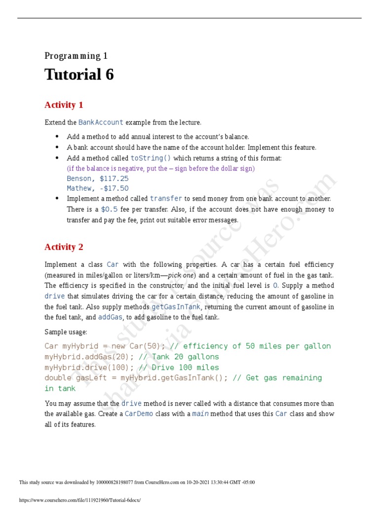 This Study Resource Was: Tutorial 6 | PDF | Class (Computer Programming ...