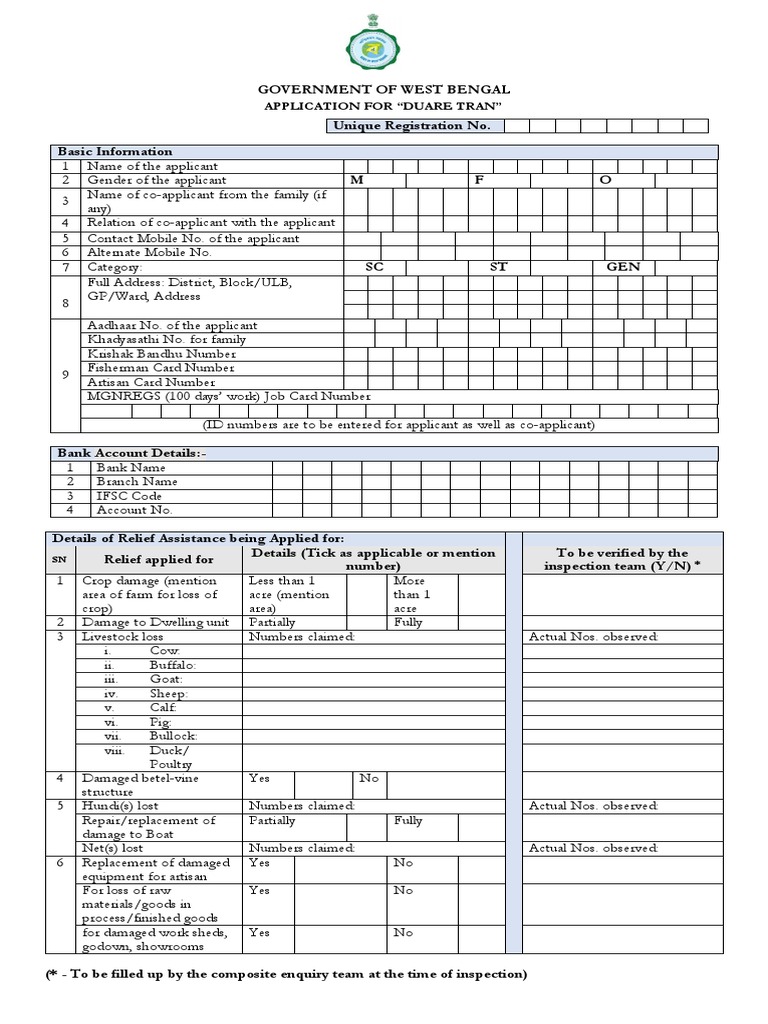 Duare Tran Application Form West Bengal | PDF