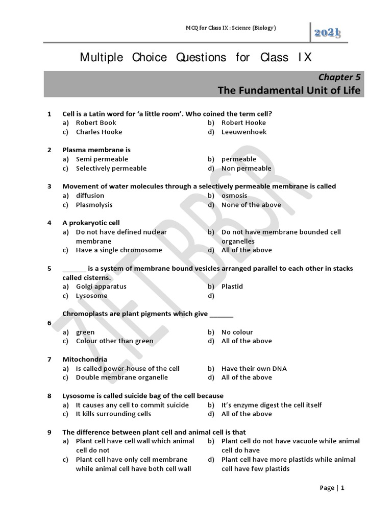 Multiple Choice Questions For Class IX | PDF | Cell (Biology) | Cell ...