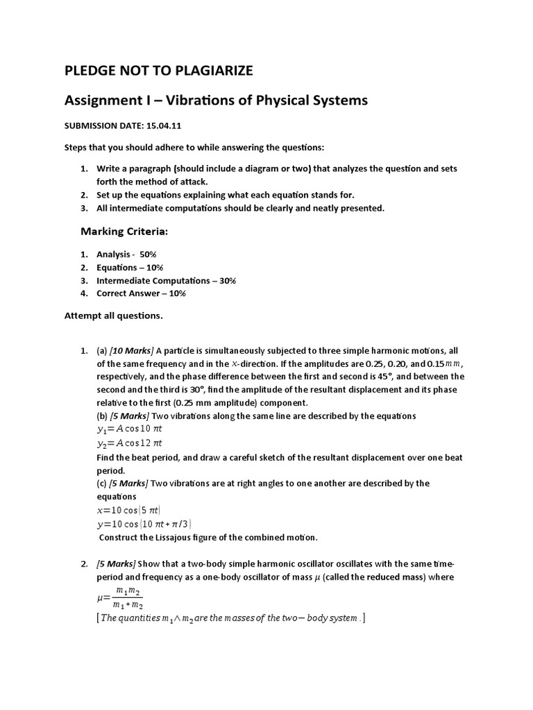 Assignment I Vibrations Of Physical Systems Pdf Damping Pendulum