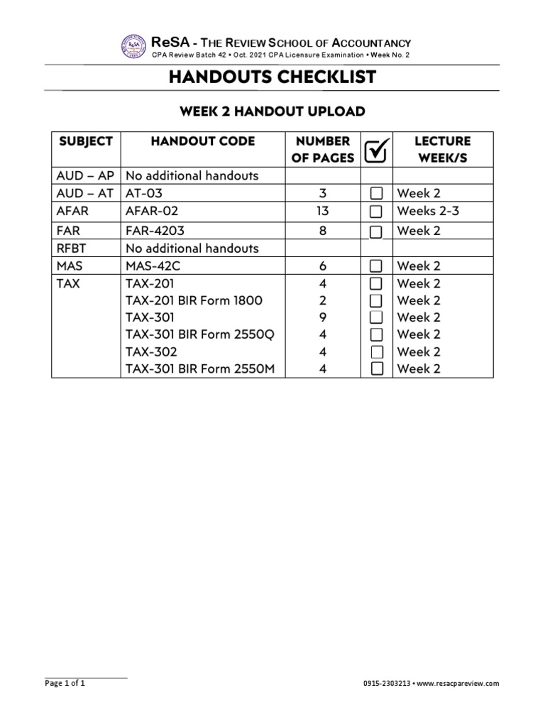 Handouts Checklist: Week 2 Handout Upload | PDF
