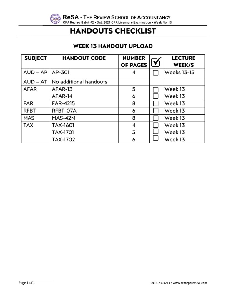 CPA Review Batch 42 Week 13 Handouts Checklist: Key Topics Covered in ...