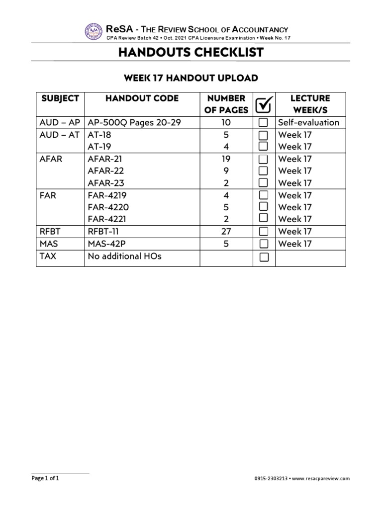 Handout Checklist Week 17 | PDF