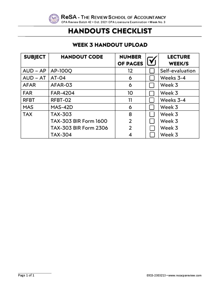 Handouts Checklist: Week 3 Handout Upload | PDF