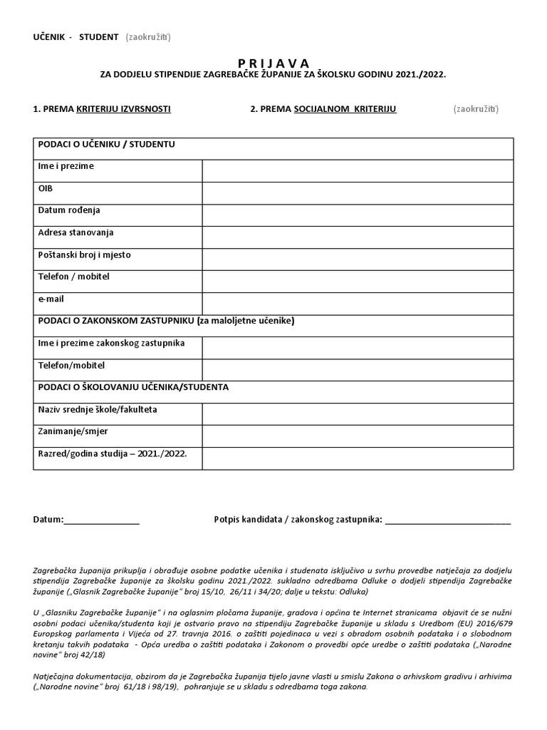 Obrazac Prijave - 2021-2022 | PDF