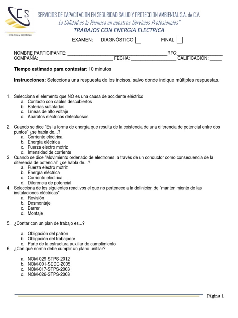 Examen Trabajos Con Energia Electrica | PDF | Corriente eléctrica | voltaje