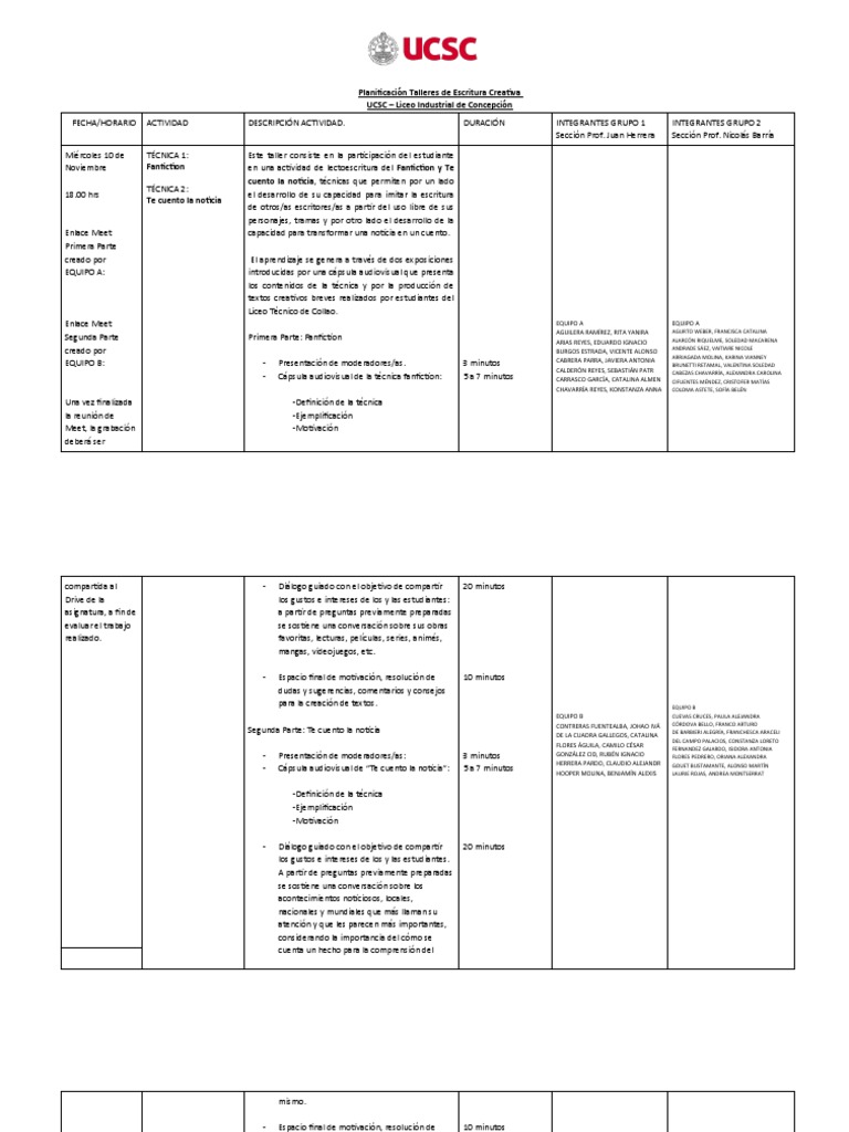 Planificación Talleres Escritura Creativa 2021 | PDF | Las artes ...