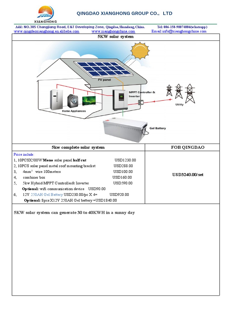 5KW Solar System: Qingdao Xianghong Group Co. LTD | PDF | Power ...
