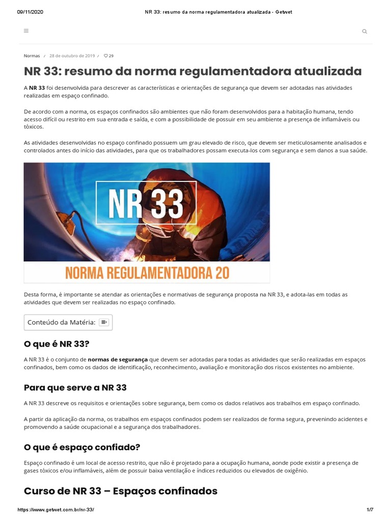 NR 33 - Resumo Da Norma Regulamentadora Atualizada - Getwet | PDF ...