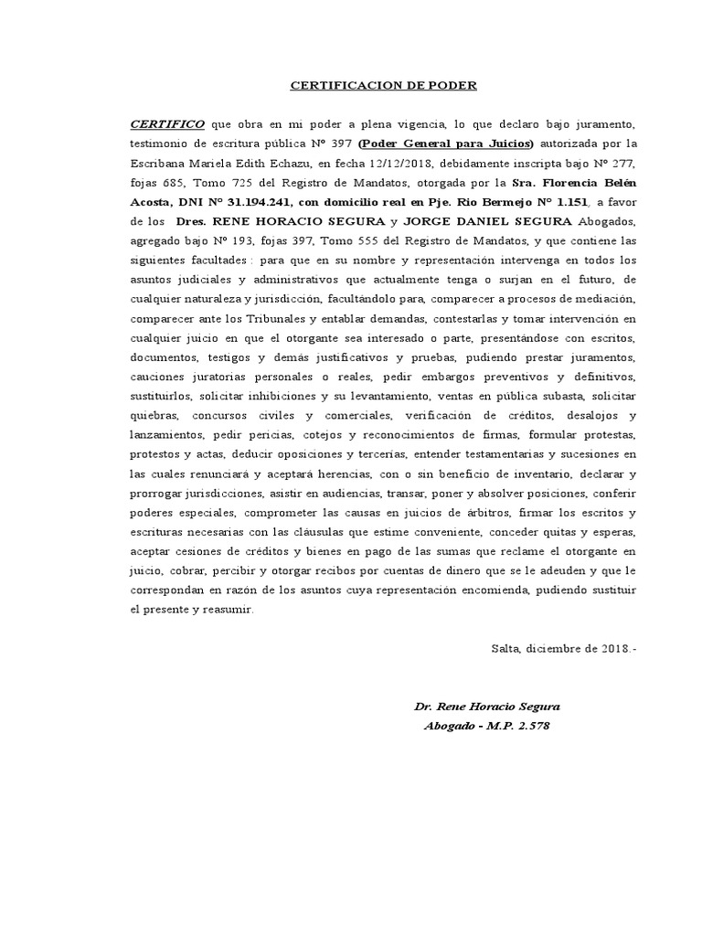 Acosta Florencia Certificacion de Poder | PDF | Gobierno
