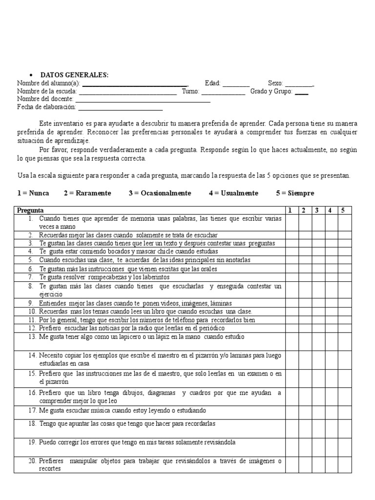 1 Nunca 2 Raramente 3 Ocasionalmente 4 Usualmente 5 Siempre | PDF