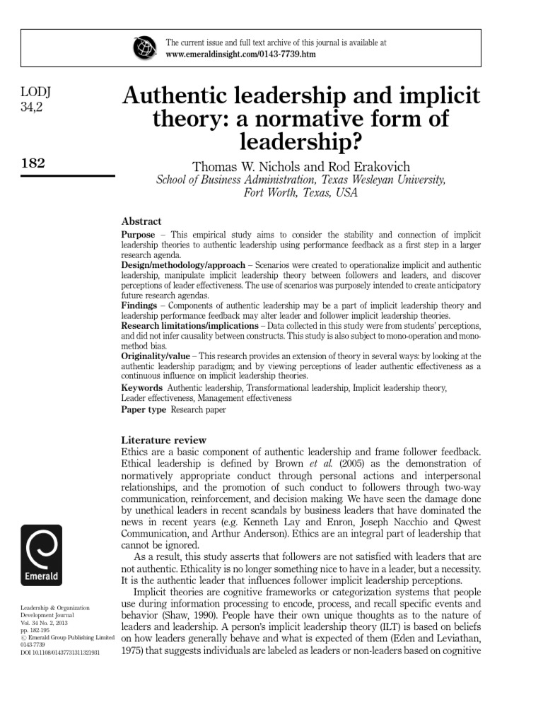 Authentic leadership and implicit theory | PDF | Leadership ...