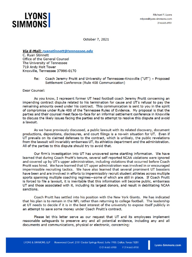 Jeremy Pruitt's Attorney's Letter To UTK | PDF | Politics