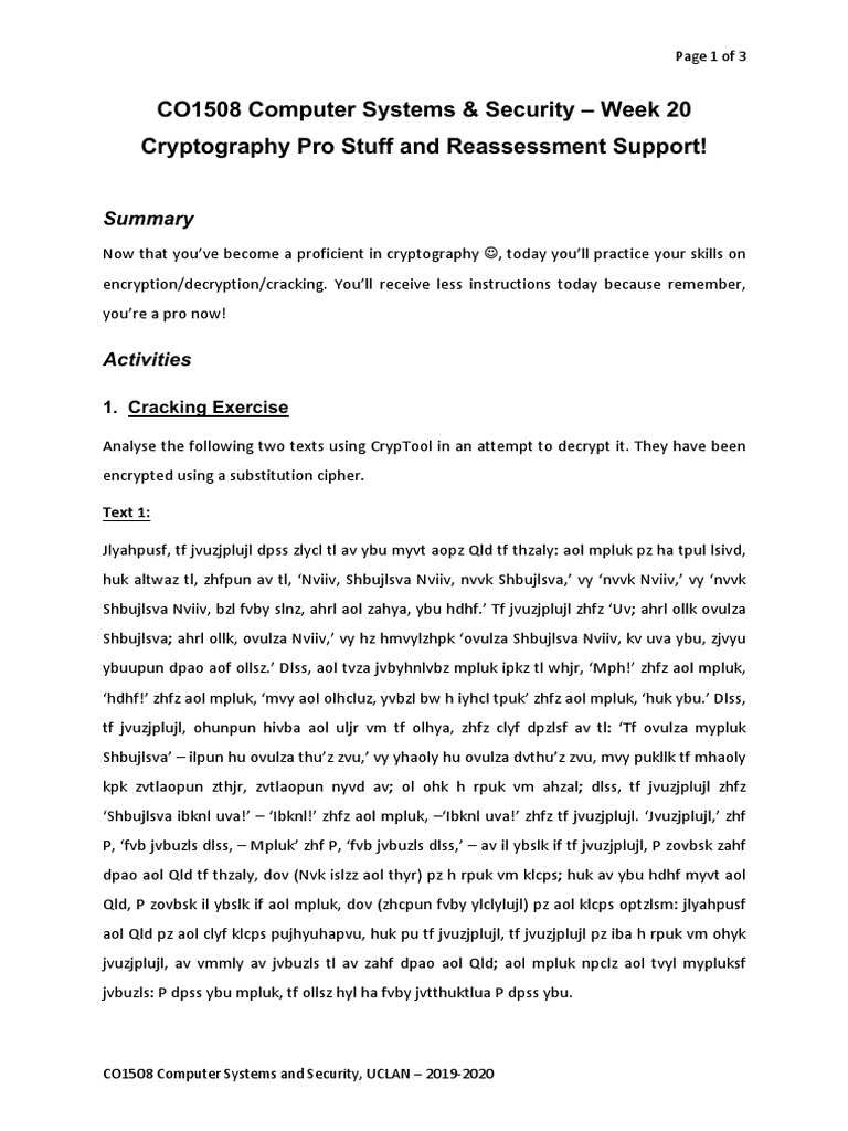 CO1508 Computer Systems & Security - Week 20 Cryptography Pro Stuff and Reassessment Support ...