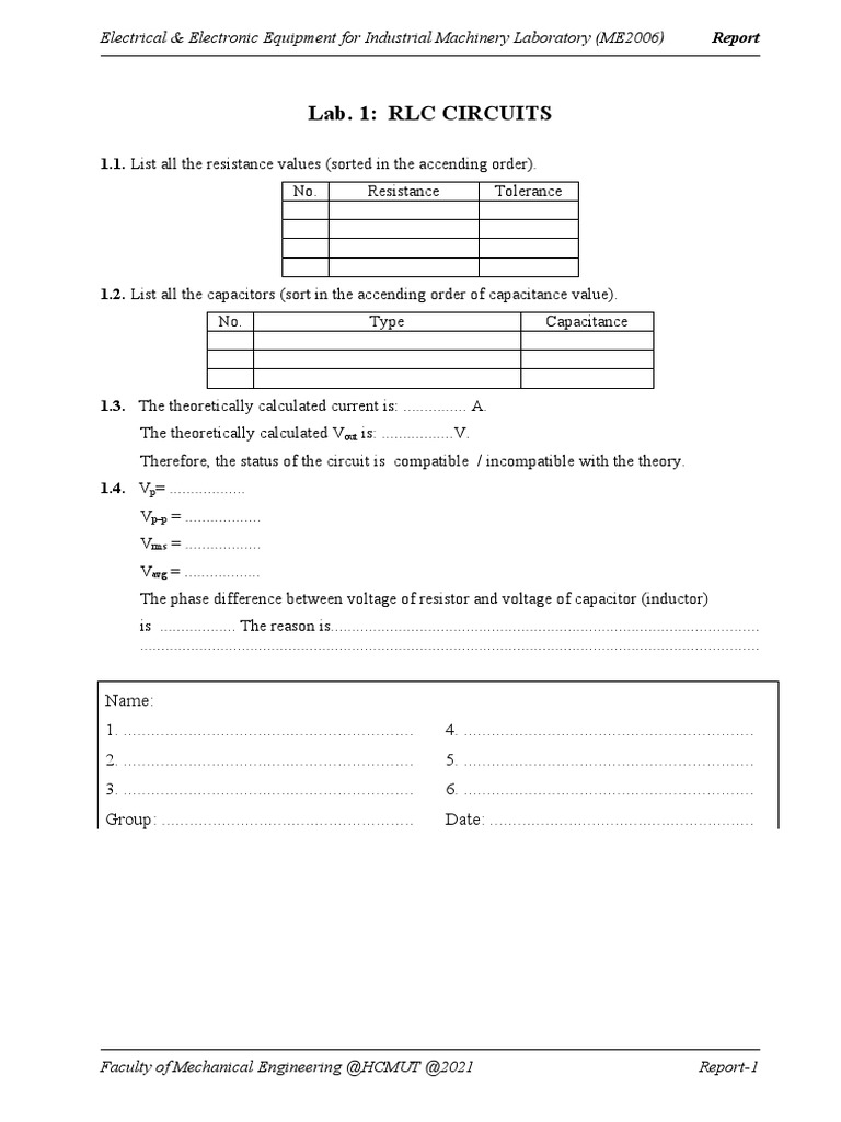 Lab. 1: RLC Circuits: 1.1. List All The Resistance Values (Sorted in The Accending Order) | PDF ...
